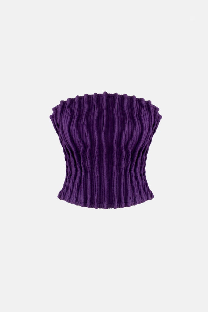 Rib Knit Tube Top – Purple, Strapless with Pleats