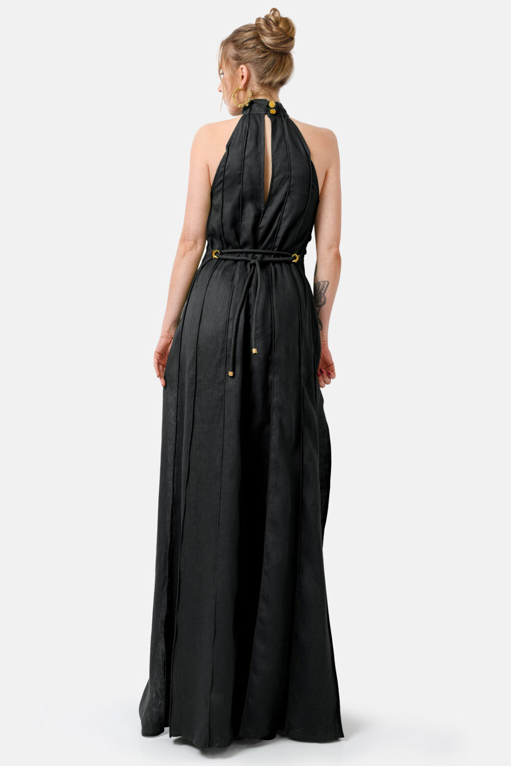 Black Linen Maxi Dress – Pleated Designer Halter Gown